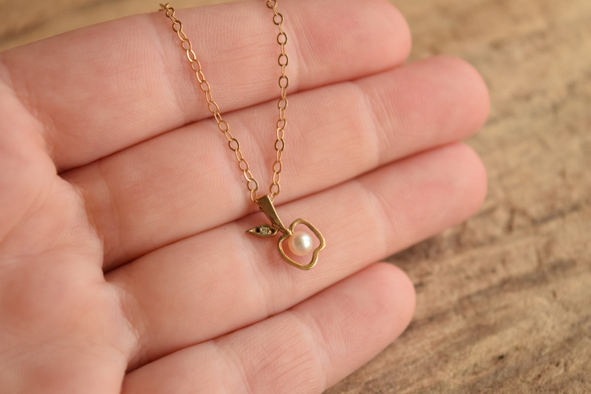 Vintage Dainty Apple Pendant Necklace - 9k Gold Diamond & Pearl ...